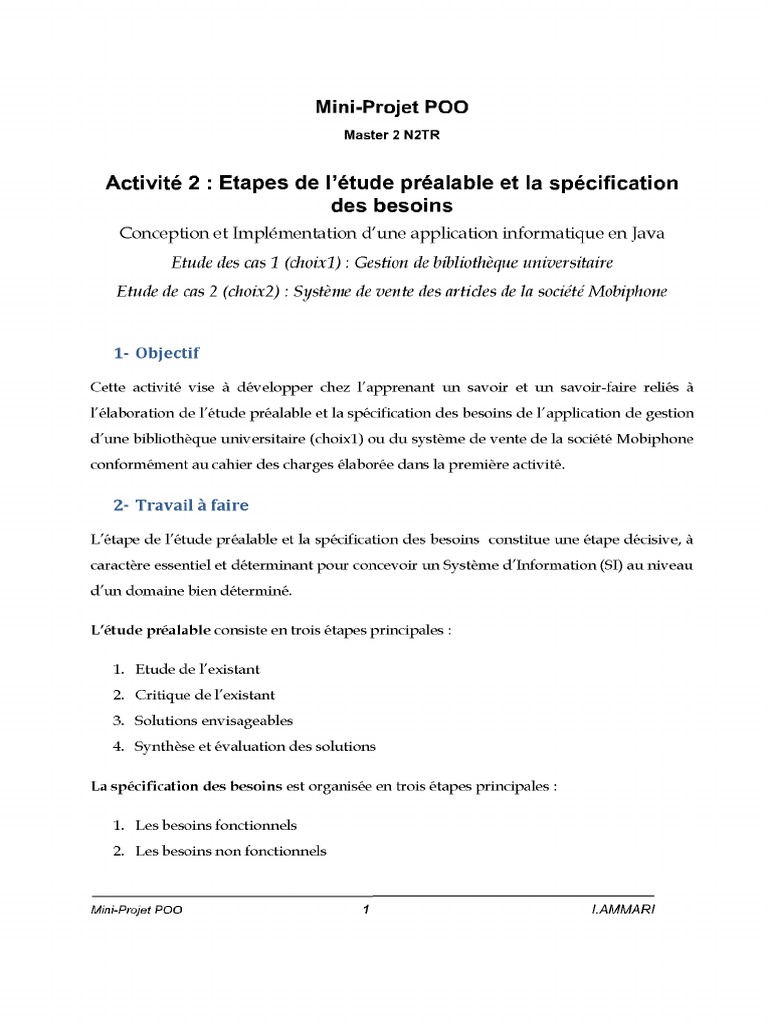 1 - Activité 2 - Etapes de L Étude Préalable Et Spécification Des ...