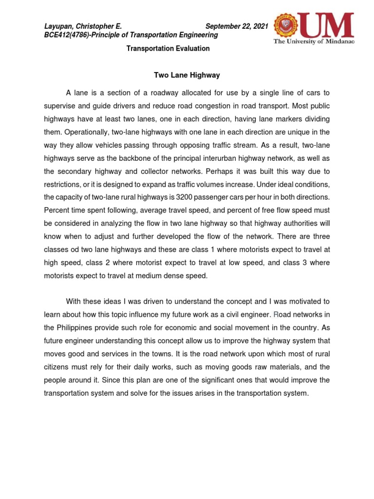 BCE 412 LAYUPAN Transportation Evaluation | PDF | Highway | Lane