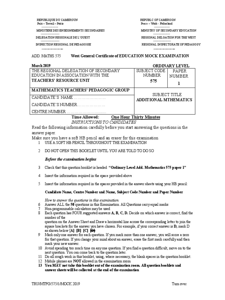 Additional Maths Paper 1 Mock 2019 | PDF | Function (Mathematics ...