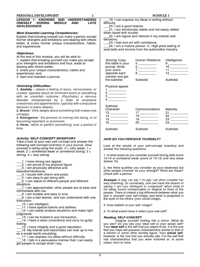 Personal Development - : Most Essential Learning Competencies | PDF ...