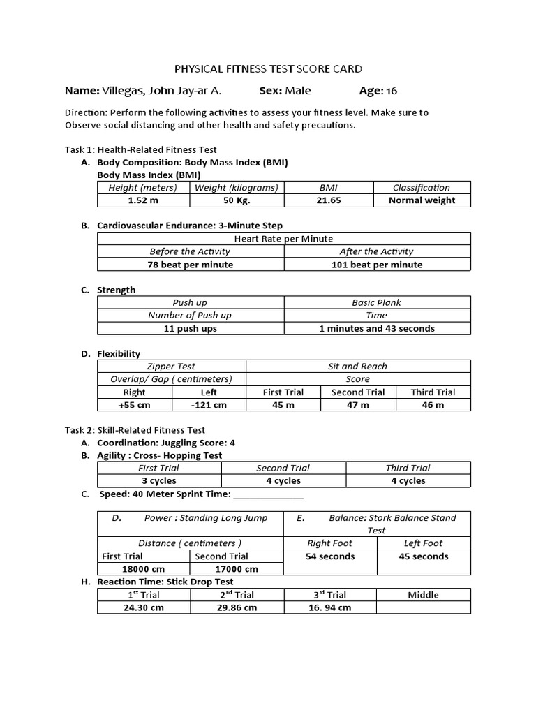 Physical Fitness Test Score Card | PDF