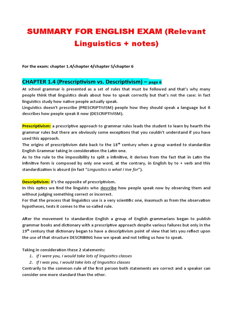 Summary For English Exam (Relevant Linguistics + Notes) : CHAPTER 1.4 ...