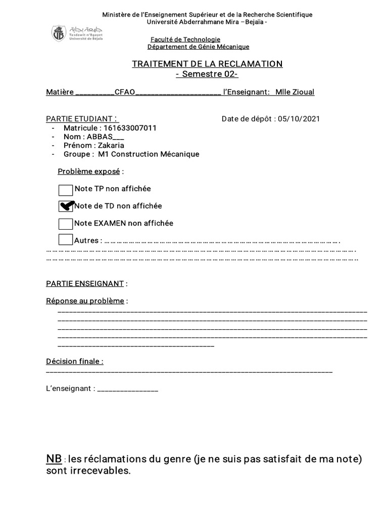 Fiche de Traitement de Réclamation | PDF