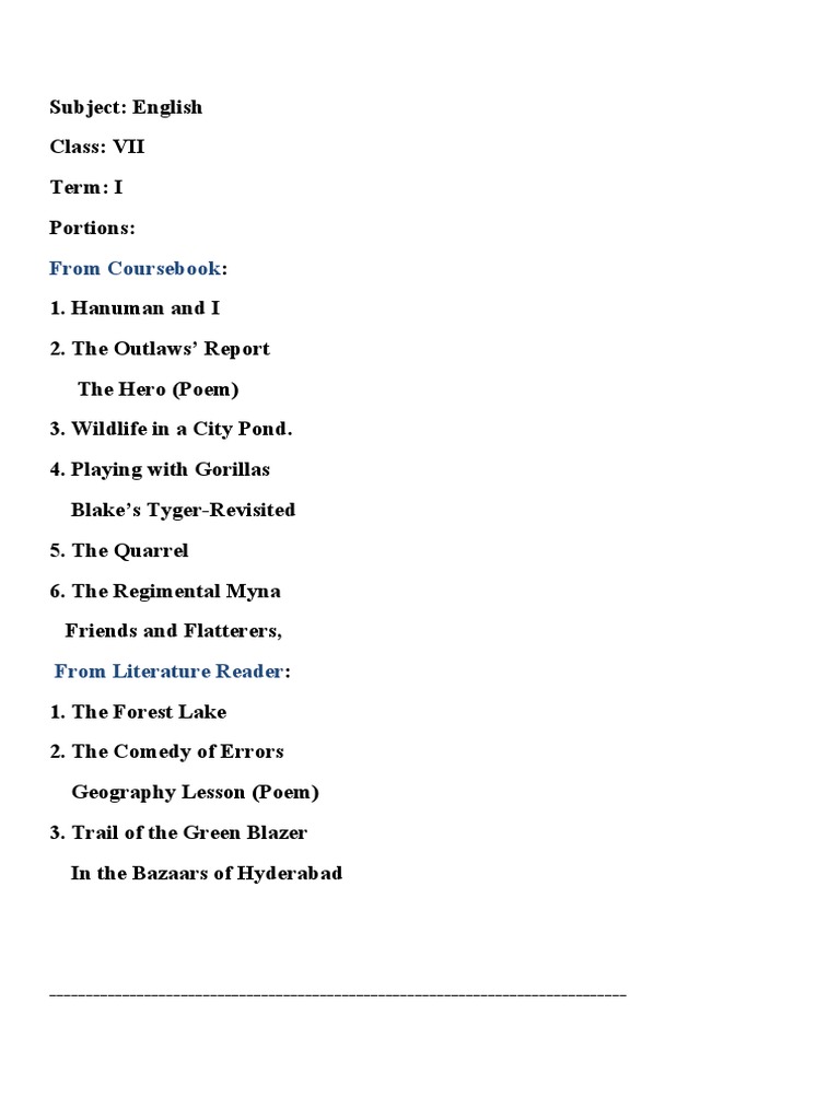 VII-English Term-1 Portion & Question Paper Pattern. | PDF | Teaching ...