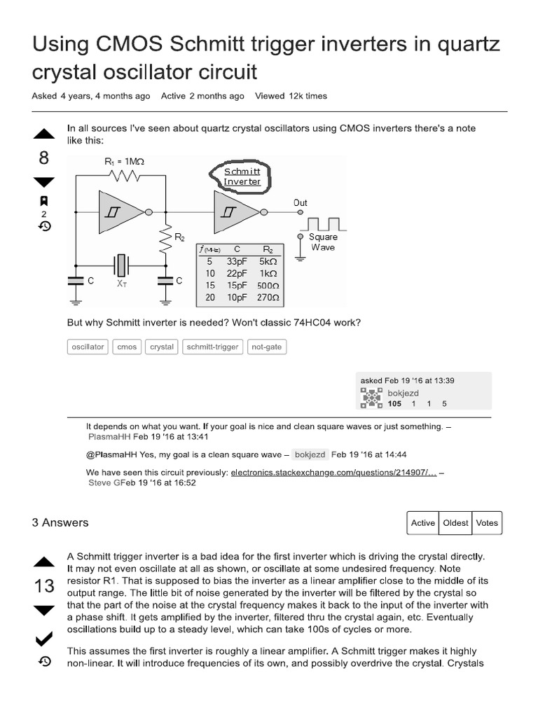Using CMOS Schmitt Trigger Inverters in Quartz Crystal Oscillators Circuits | PDF