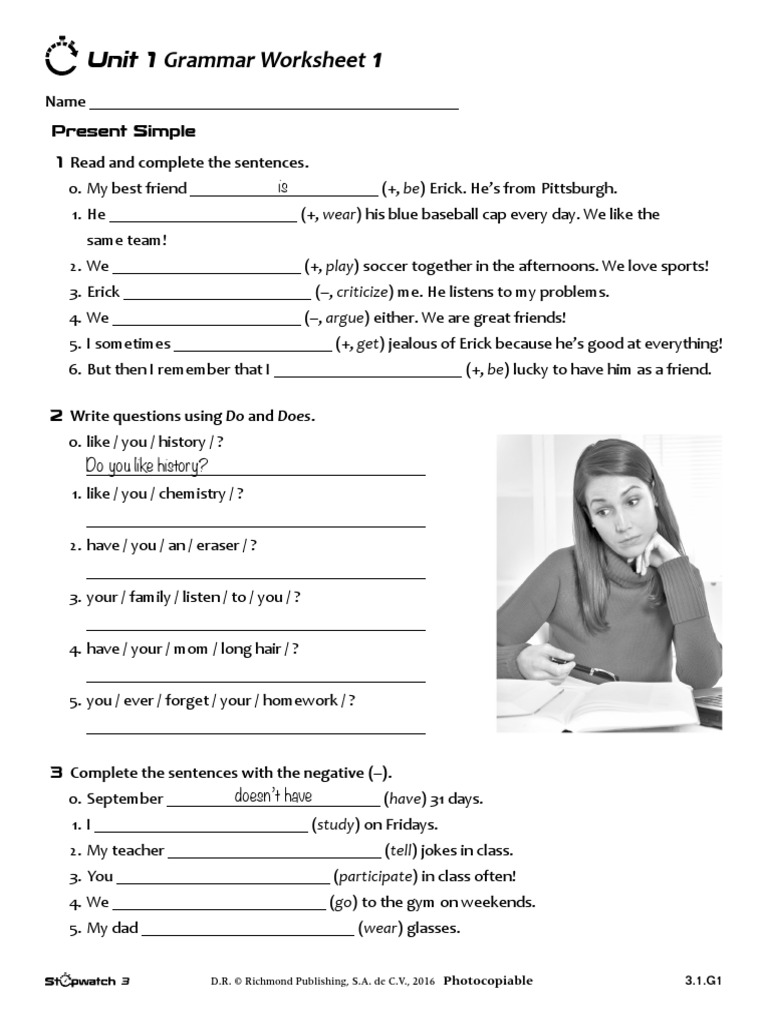 Grammar Worksheet: Unit 1 1 | PDF
