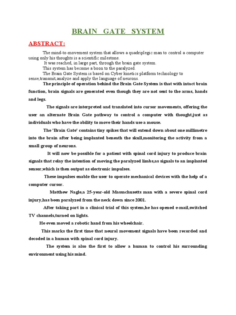 Brain Gate System: Abstract | PDF | Brain | Neuron