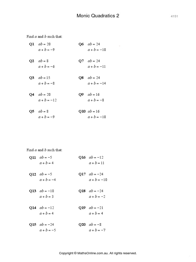 Factorising Monic Quadratics 2 Worksheet 4151 | PDF