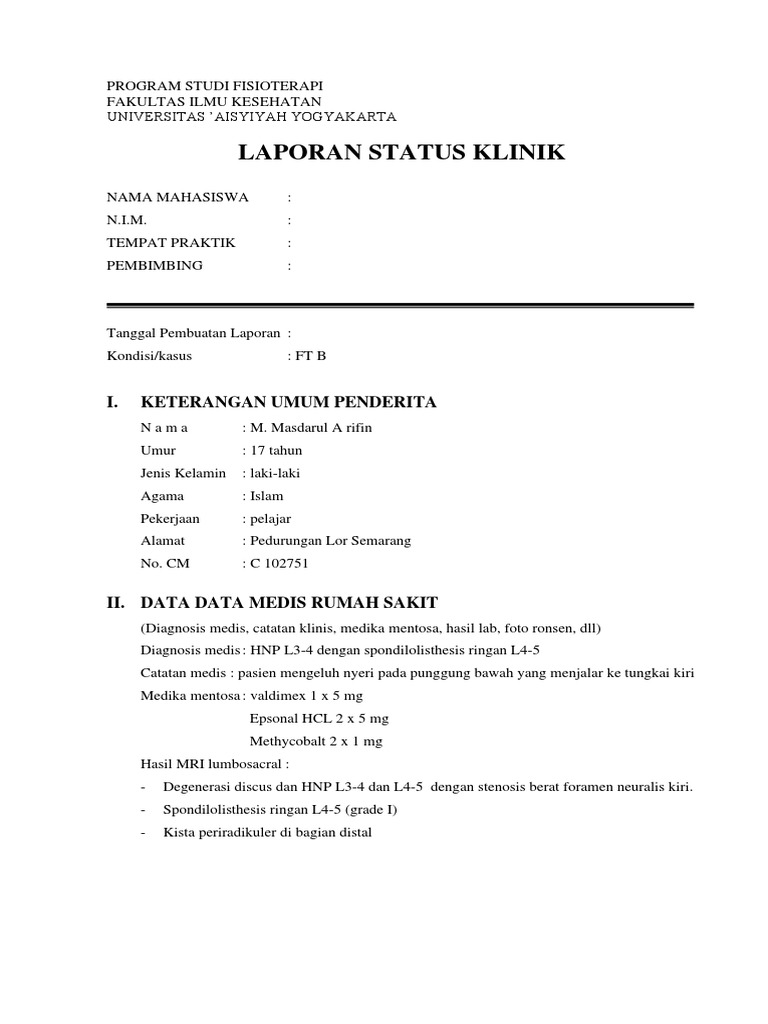 Laporan Status Klinik Fisioterapi HNP | PDF