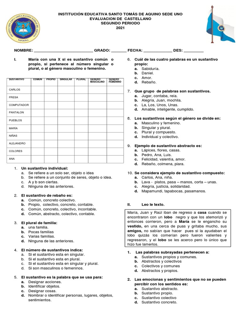 Evaluacion Castellano El Sustantivo y Sus Clases | PDF | Sustantivo ...