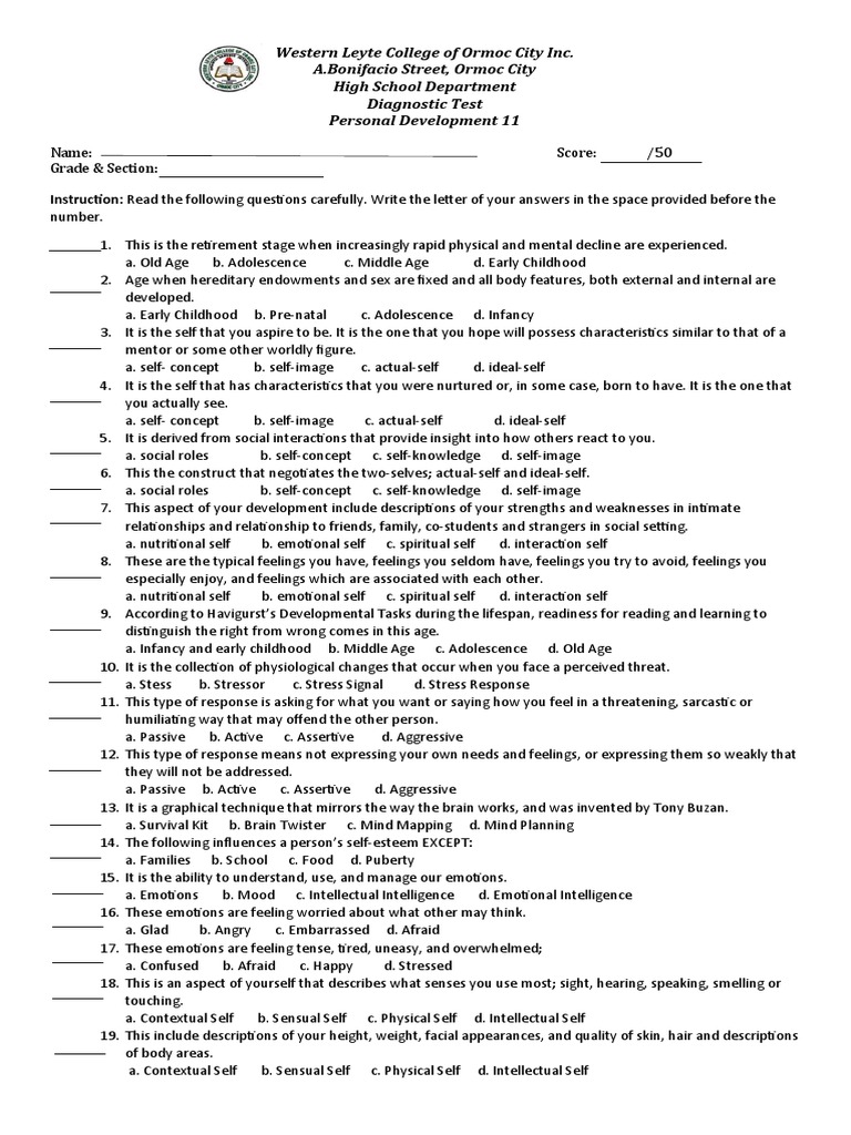 Diagnostic Test: Personal Development 11 | PDF | Relationships | Child ...
