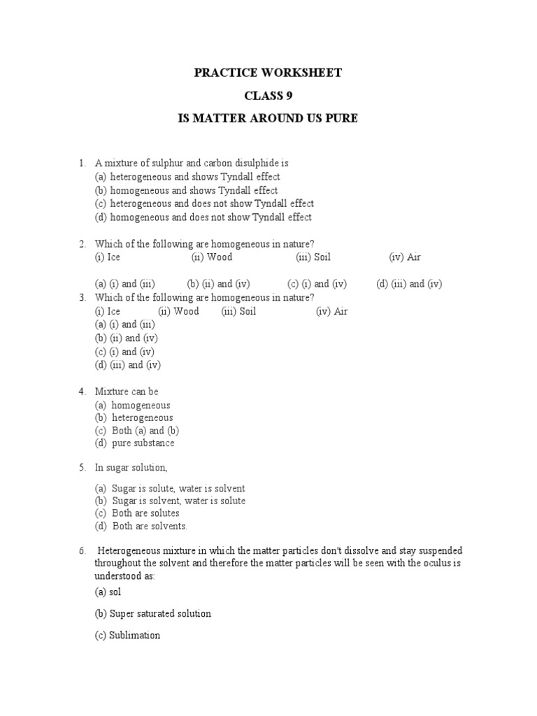 PRACTICE WORKSHEET Class 9 | PDF | Mixture | Solution