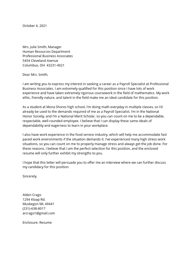 Alden Crago - Cover Letter Assignment | PDF