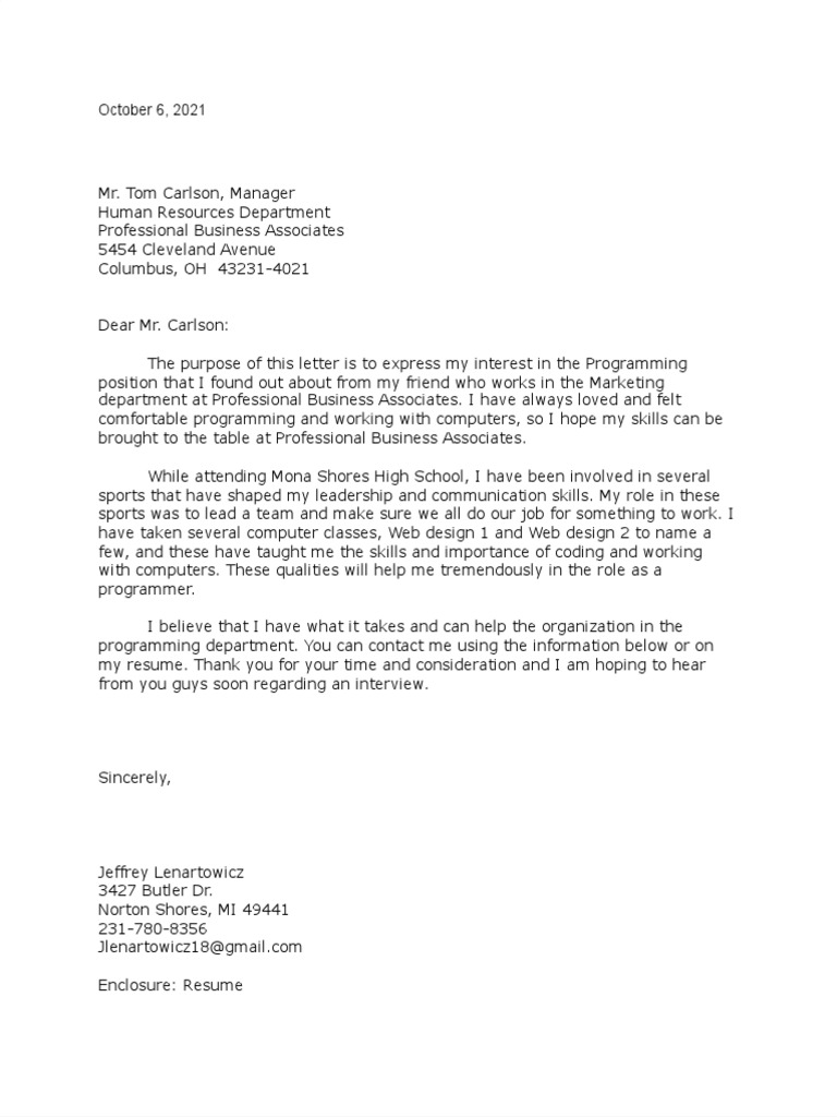 Jeffrey Lenartowicz - Cover Letter Assignment | PDF | Career & Growth