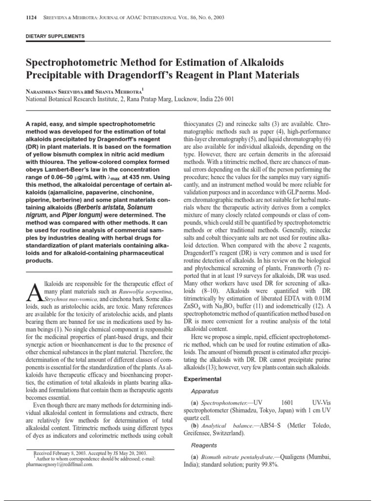 Spectrophotometric Method For Estimation of Alkaloids Precipitable With ...