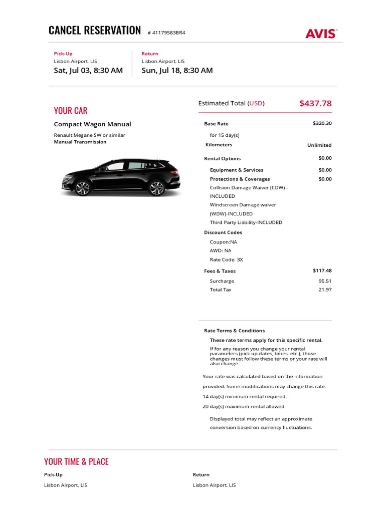 Print Confirmation - Avis Rent A Car | PDF | Driver's License