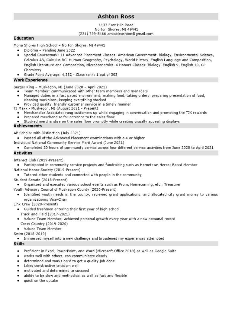 Ashton Ross Resume | PDF | Advanced Placement