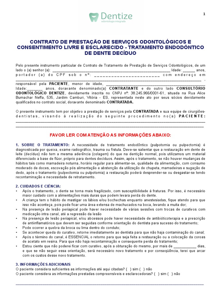Contrato de Endo Deciduo | PDF | Dente | Odontologia