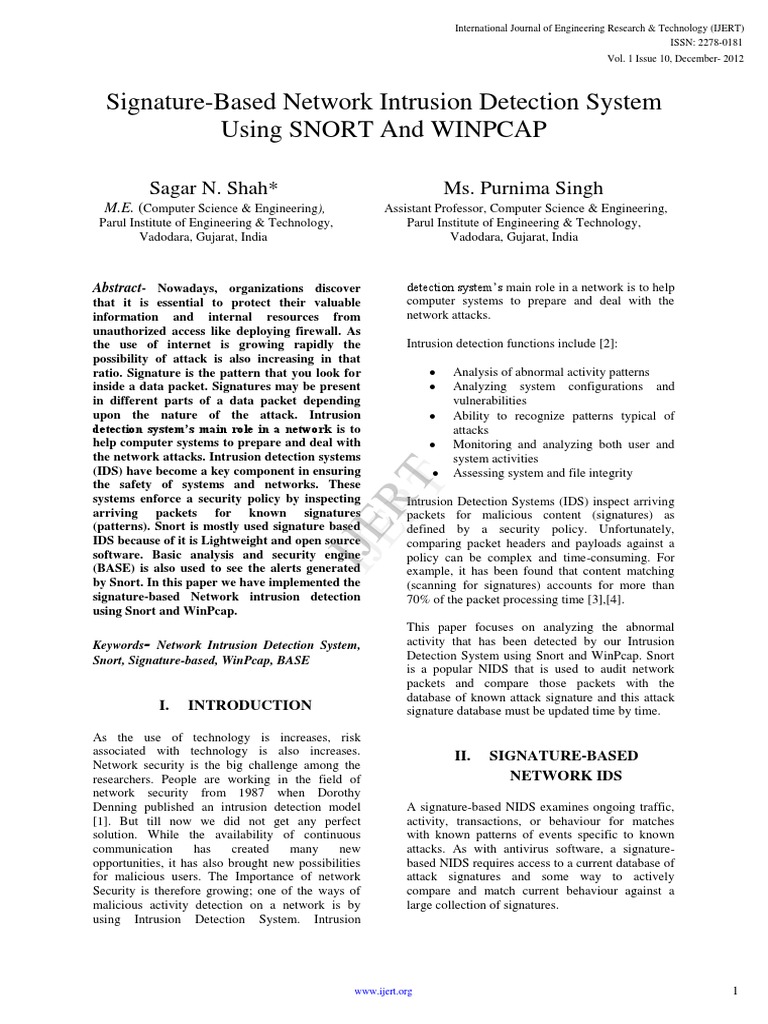 Signature Based Network Intrusion Detection System Using Snort and Winpcap IJERTV1IS10299 | PDF ...