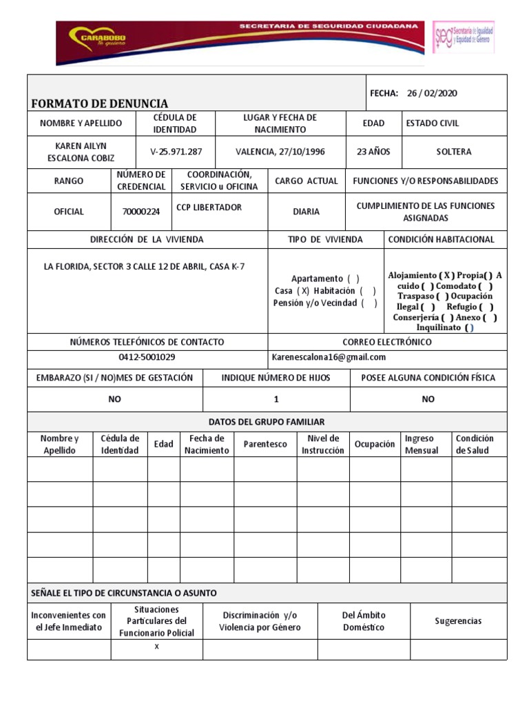 03..formato de Denuncia Karen Escalona y Fernando Mujica | PDF