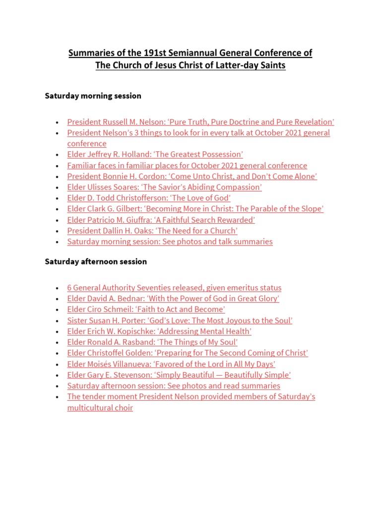 October 2021 General Conference Summaries | PDF | The Church Of Jesus ...
