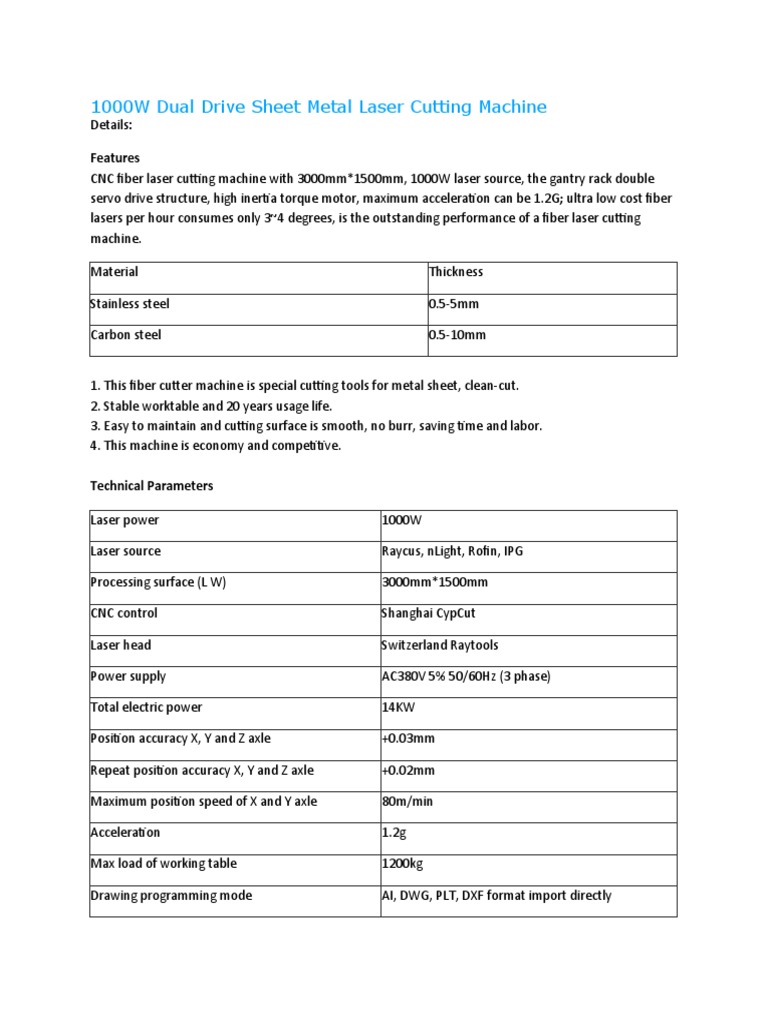 1000W Dual Drive Sheet Metal Laser Cutting Machine | PDF | Sheet Metal ...
