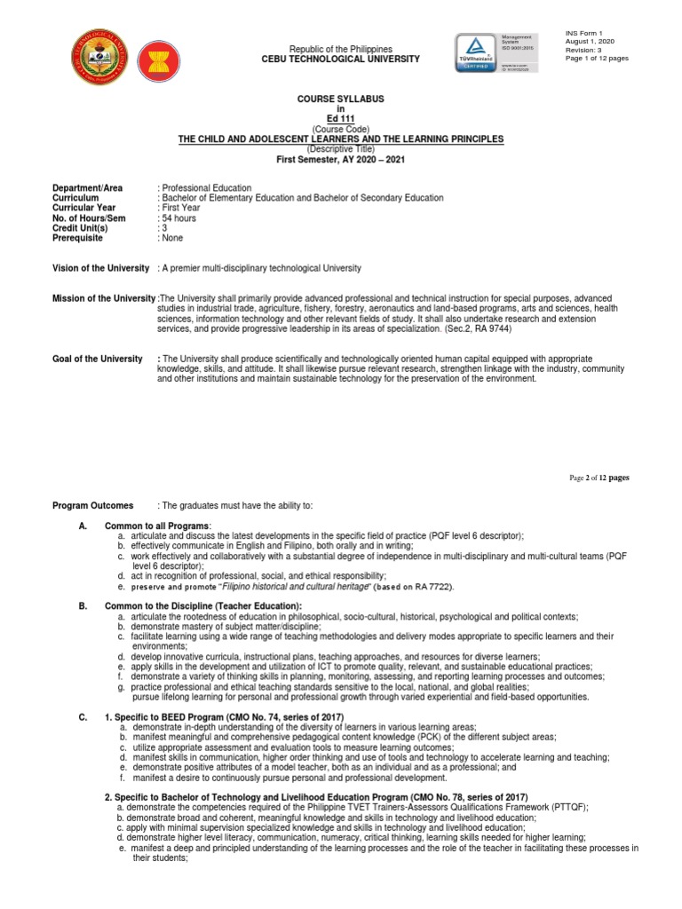 Understanding Learners: A Syllabus on Child and Adolescent Development ...