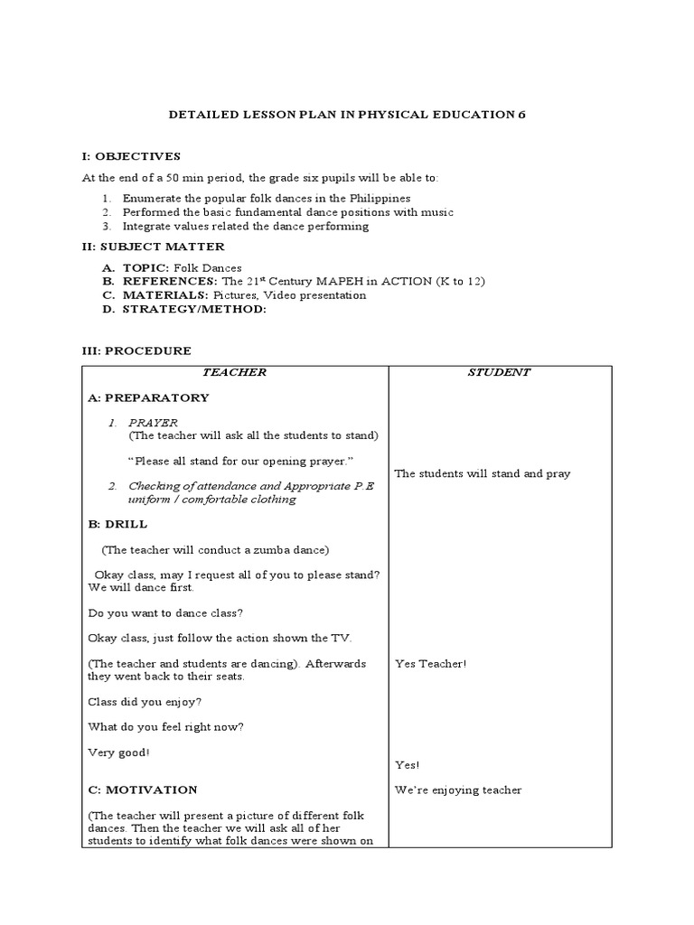 Detailed Lesson Plan in Physical Education 6: Teacher Student | PDF ...