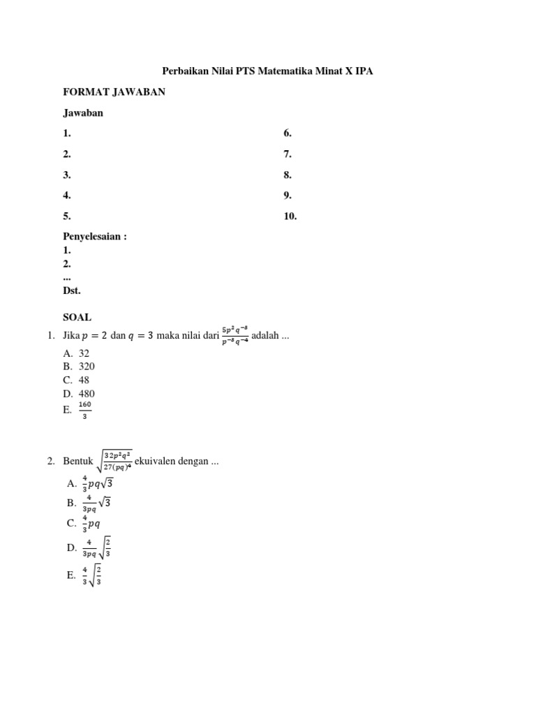 Perbaikan Nilai PTS Matematika Minat X IPA | PDF