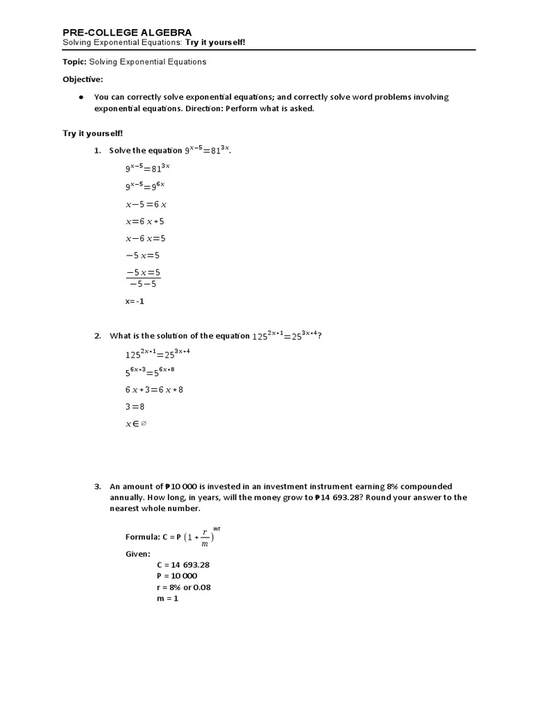Pre College Algebra | PDF | Equations | Exponential Function