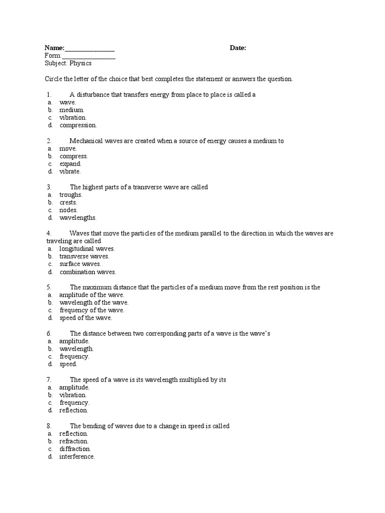 Physics waves and sound multiple choice test | PDF | Waves | Sound