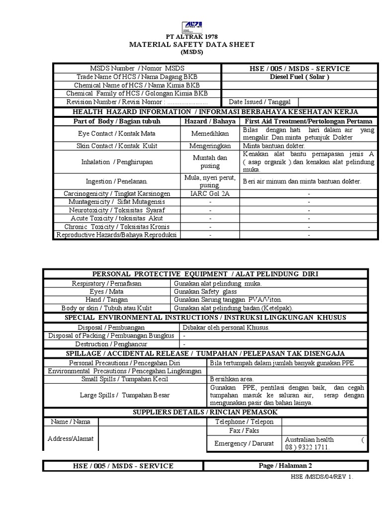 MSDS Bahan Bakar Diesel PT Altrak | PDF