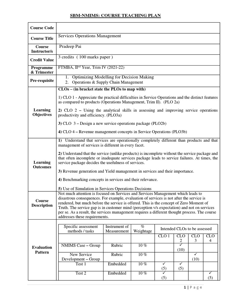 Services Operations Management Pradeep Pai 3 Credits (100 Marks Paper ...