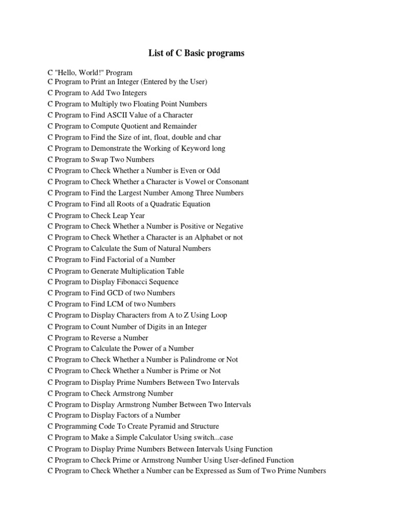 List Of C Basic Programs Pdf C Programming Language String Computer Science