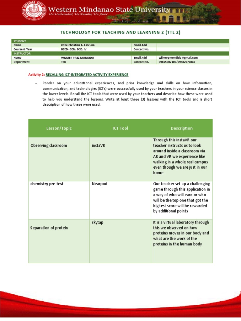 (Template) Activity 2 Recalling ICT-integrated Activity Experience ...
