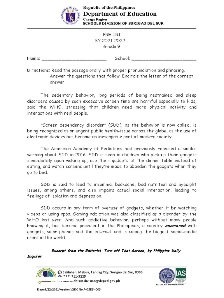 Grade 9 Reading Passage PRE | PDF | Clinical Psychology | Psychological ...