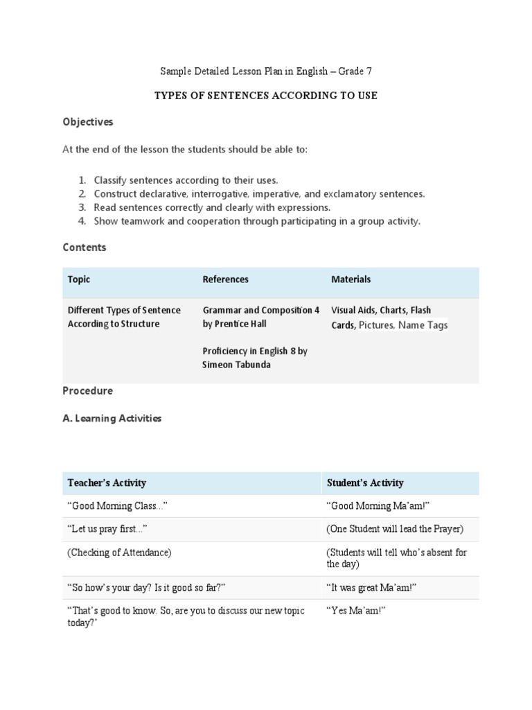 Sample Detailed Lesson Plan in English | PDF | Question | Sentence (Linguistics)
