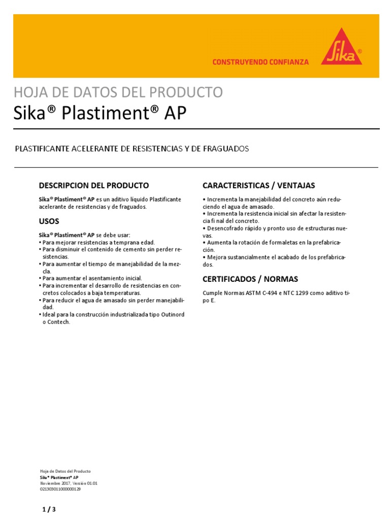 Sika Plastiment Ap | PDF | Hormigón | Materiales