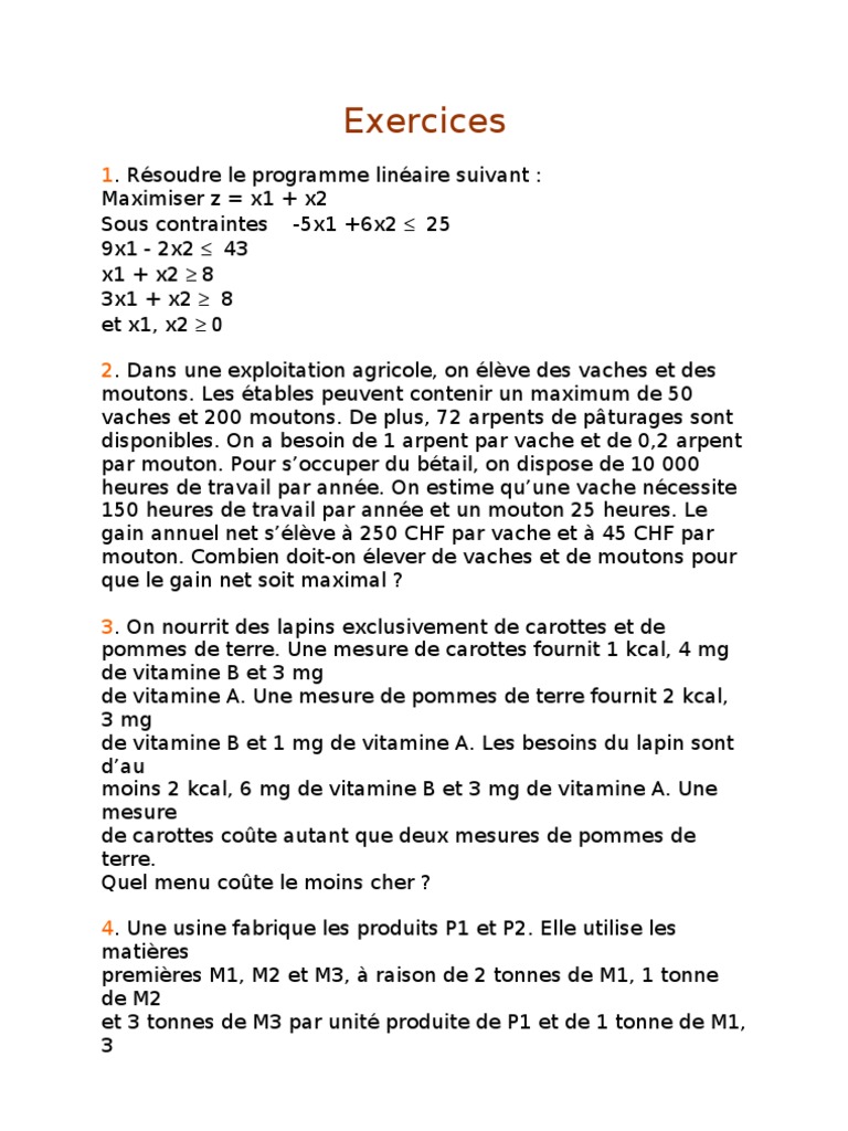 Exercices de programmation linéaire