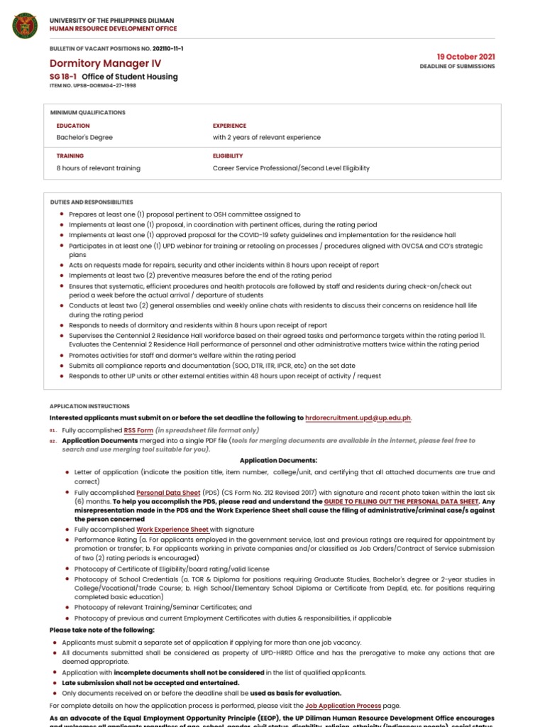 Dormitory Manager IV - Office of Student Housing - UPSB-DORMG4-27-1998 ...