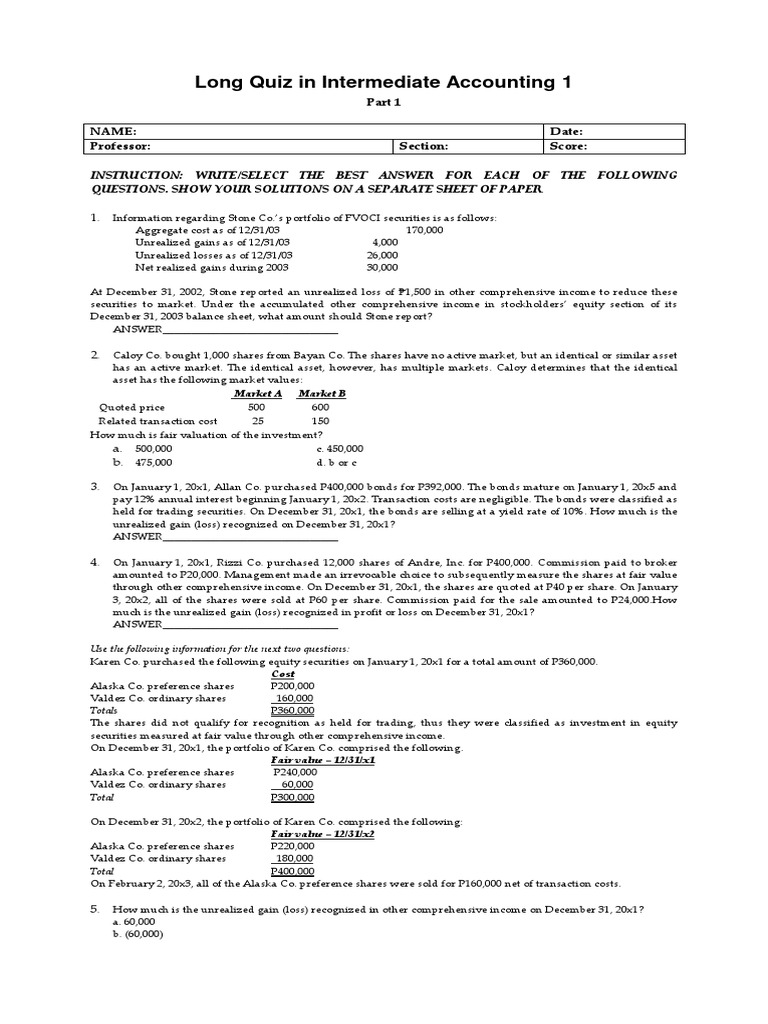 Long Quiz in Intermediate Accounting 1 Part 1adocx Compress | PDF | Equity (Finance) | Debits ...