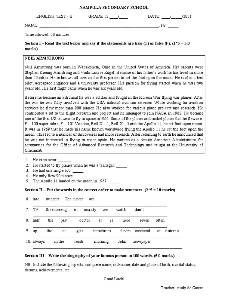 Grade 12 English Test on Neil Armstrong | PDF | Neil Armstrong | Space ...