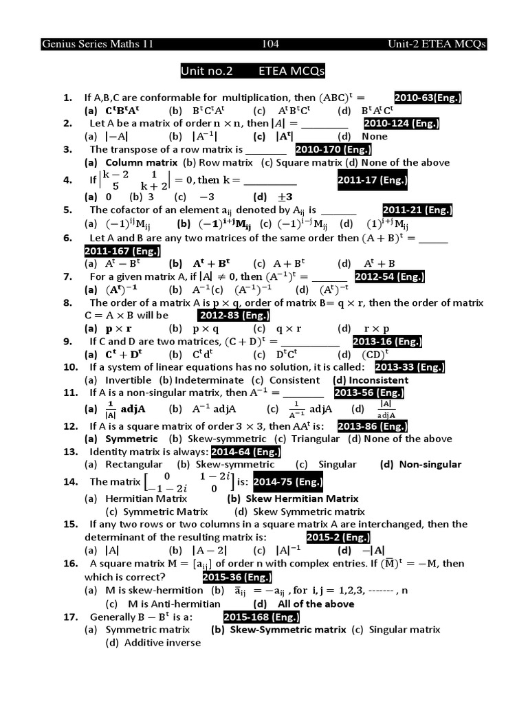 Genius Series Maths 11 Unit-2 ETEA MCQs | PDF | Matrix (Mathematics) | System Of Linear Equations