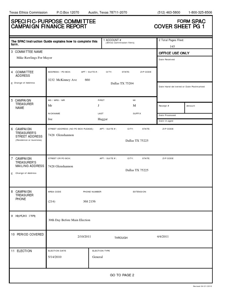 Rawlings Campaign Finance Report | PDF | Texas | Post Office Box