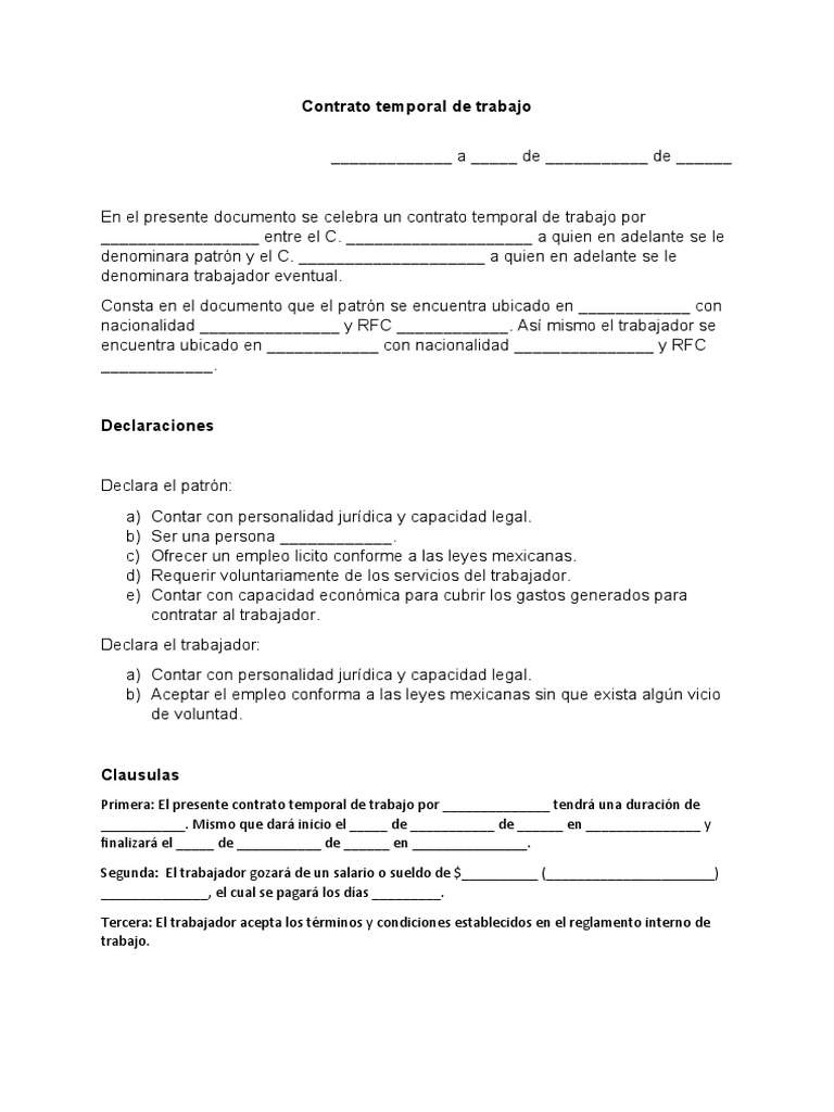 Formato de Contrato Temporal de Trabajo | PDF
