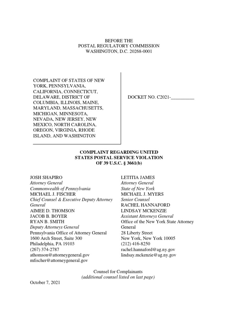 Multistate Complaint PRC 1 | PDF | United States Postal Service | Economies