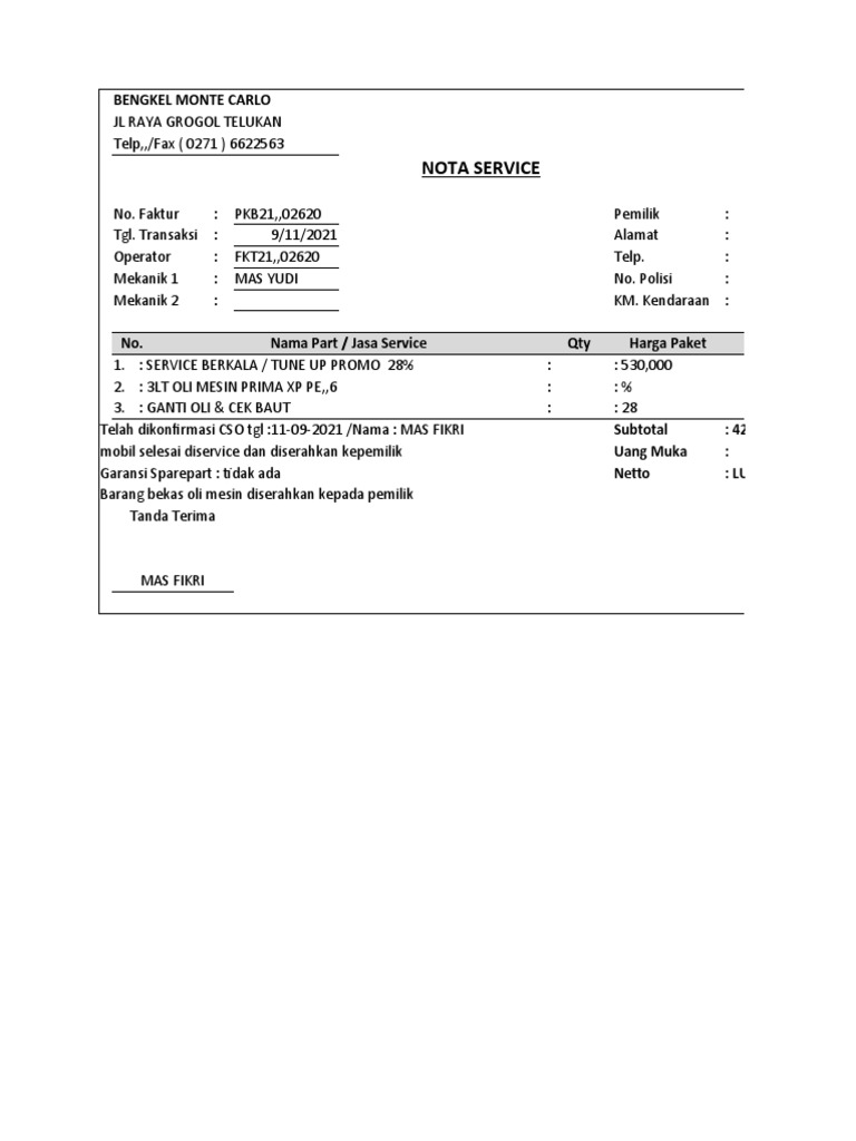 Nota Service Mobil Monte Carlo | PDF