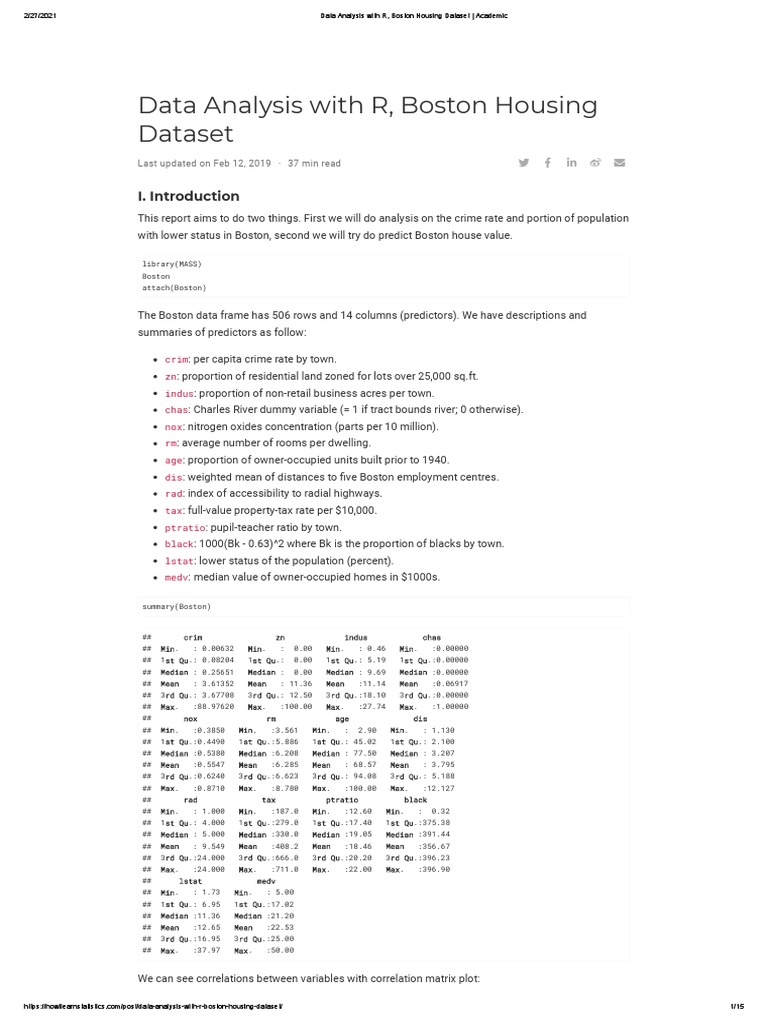 Data Analysis With R Boston Housing Dataset Academic FP RP 007 PDF | PDF | Errors And Residuals ...