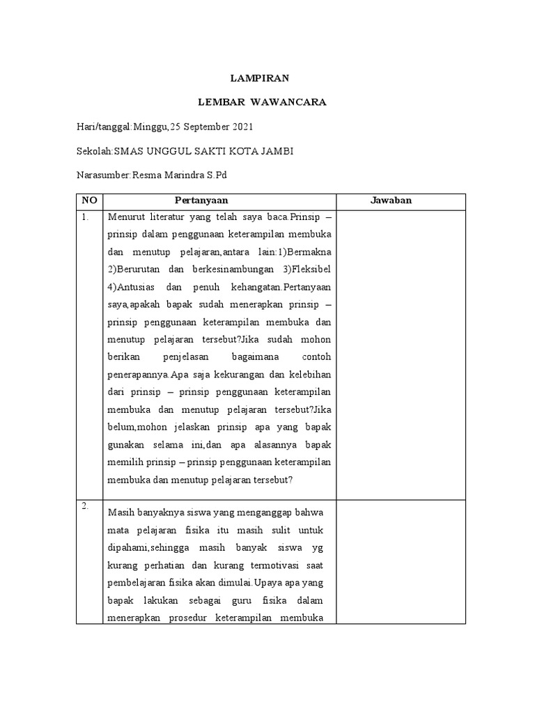 Lampiran Lembar Wawancara. | PDF