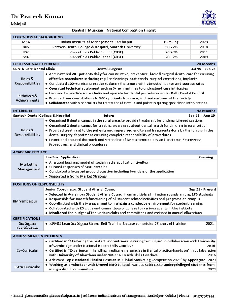 DR - Prateek Resume | PDF | Dentistry | Surgery